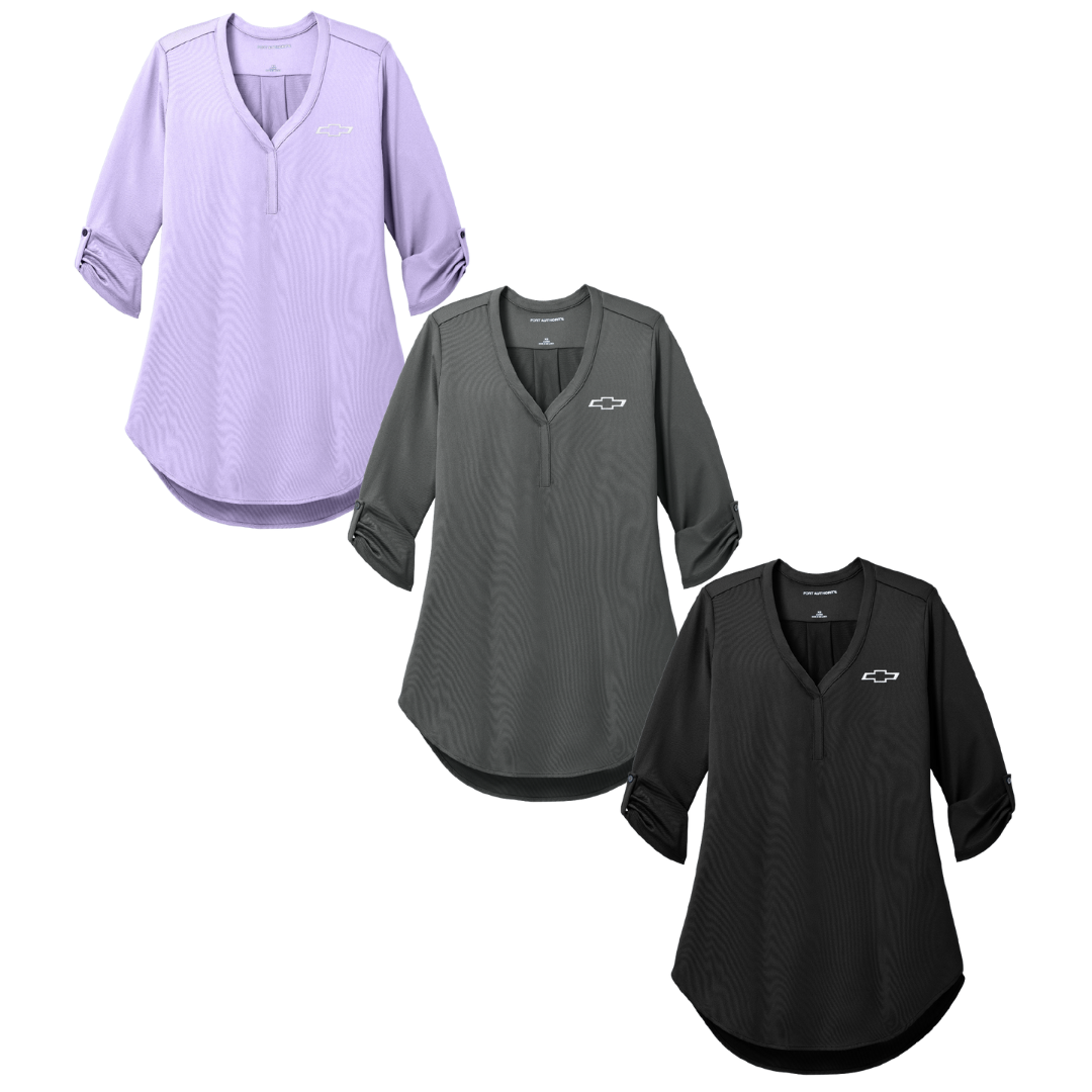 Ladies Chevy Bowtie City Stretch 3/4-Sleeve Tunic - Black, Graphite, or ...