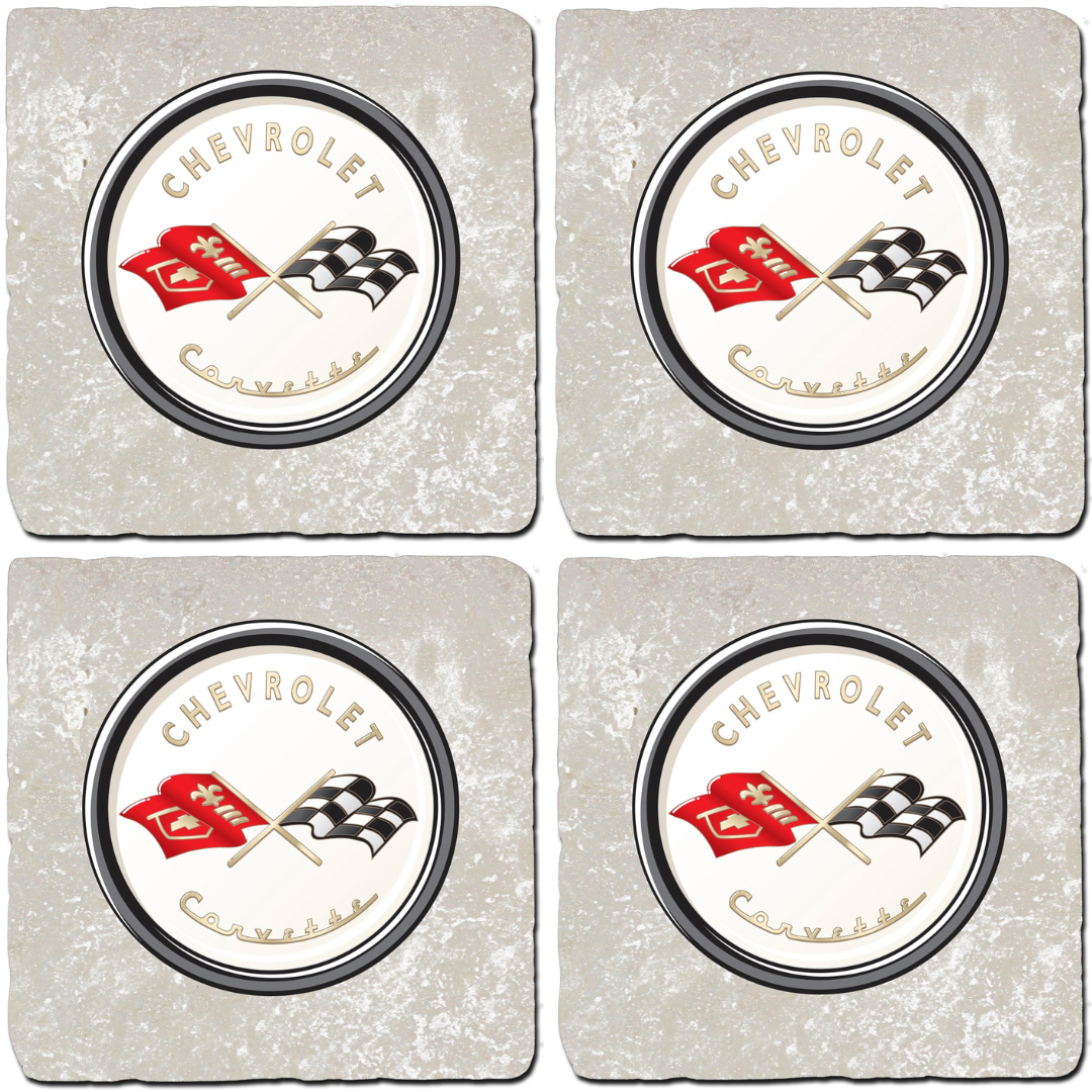 Corvette C1 Crossed Flags Stone Coaster Bundle | Classic Auto Store Online