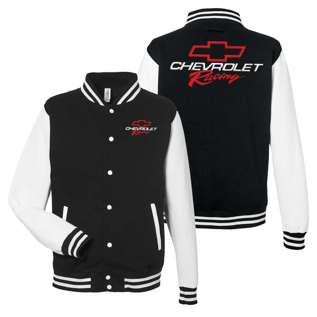 Black and White Chevy Racing Varsity Jacket | Classic Auto Store Online